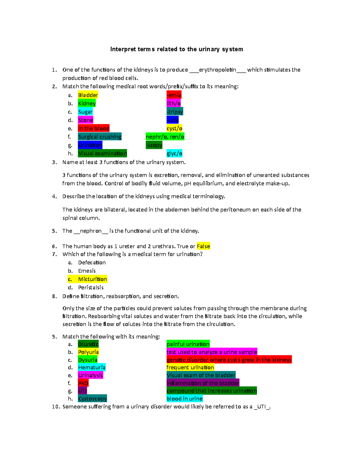 Urinary Worksheet done - Interpret terms related to the urinary system ...