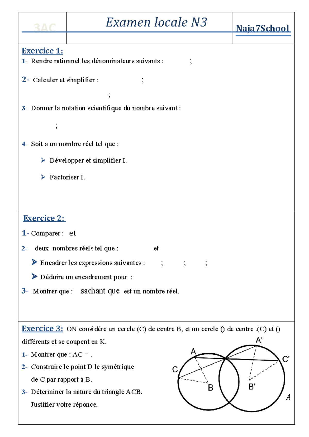 Examen- Local-de- Mathematiques Modele-N°3 - Exercice 1: 1- Rendre ...