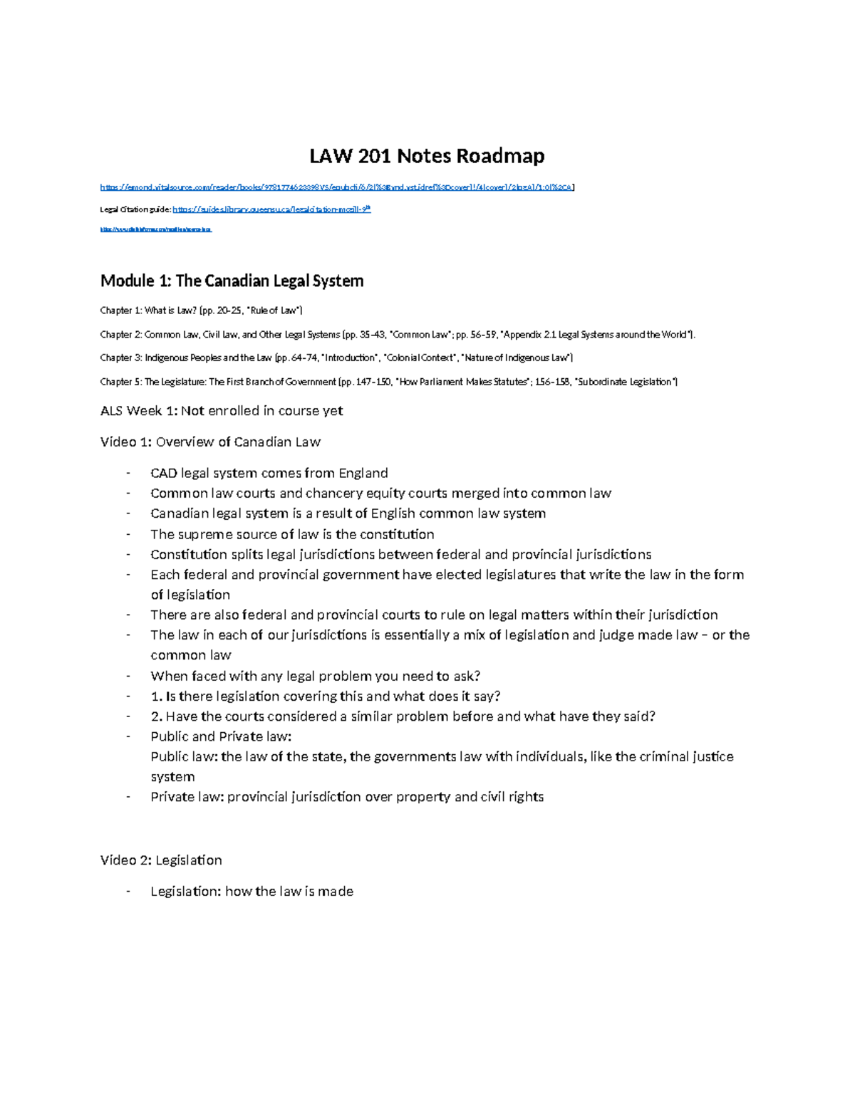 LAW 201 notes - LAW 201 Notes Roadmap - Studocu