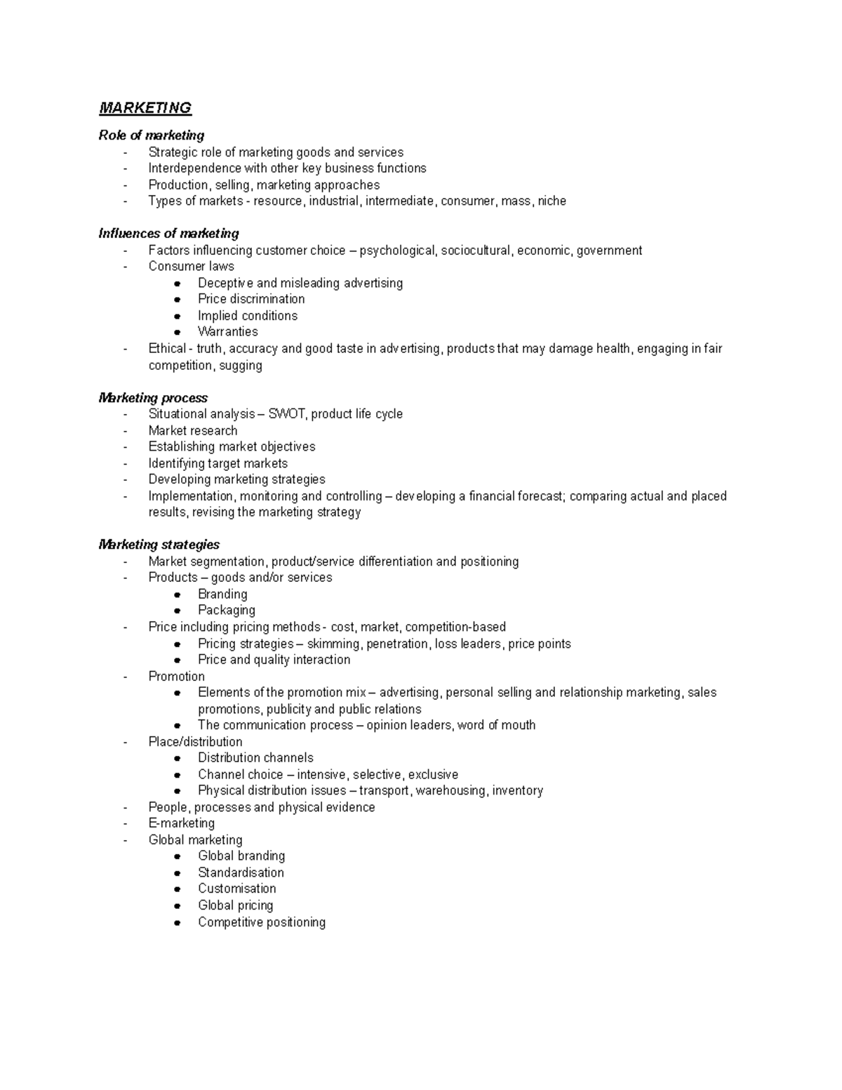 Marketing Notes - Dot point summary - MARKETING Role of marketing ...