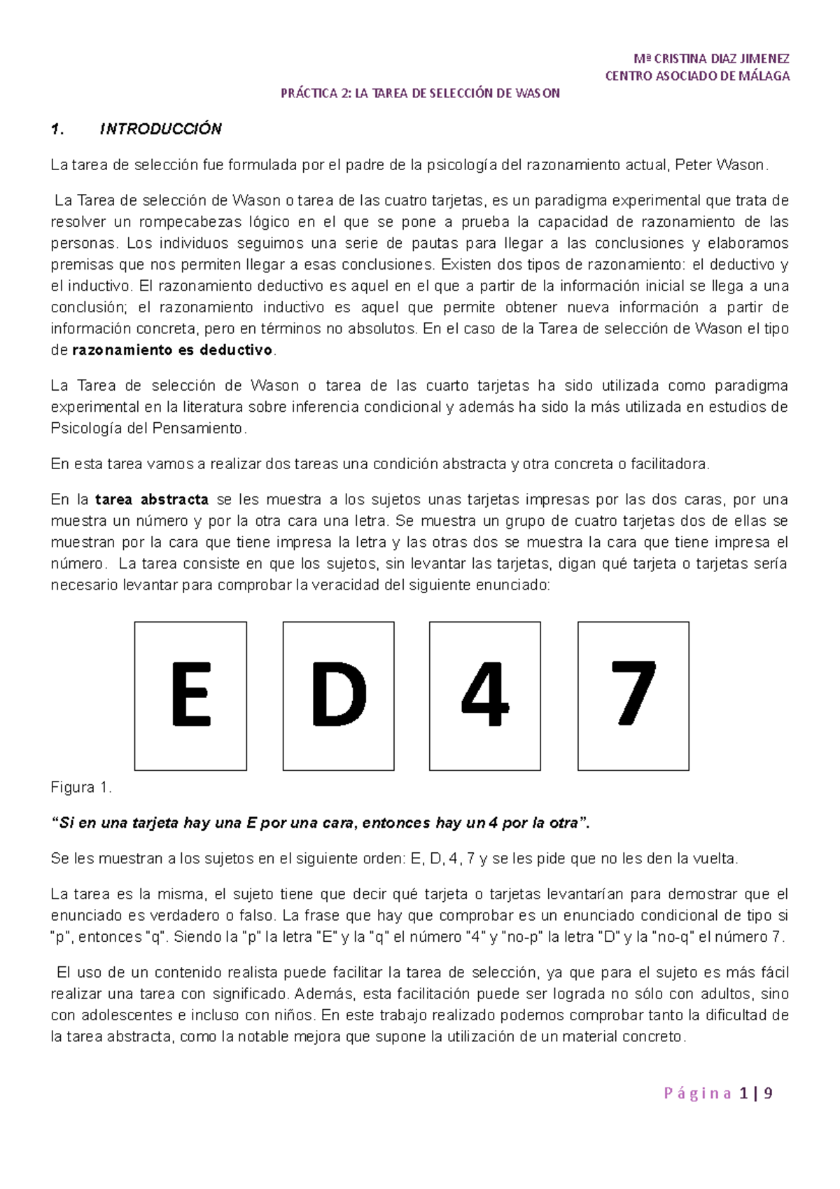 Tarea de Wason PEC - CENTRO ASOCIADO DE MÁLAGA PRÁCTICA 2: LA TAREA DE ...