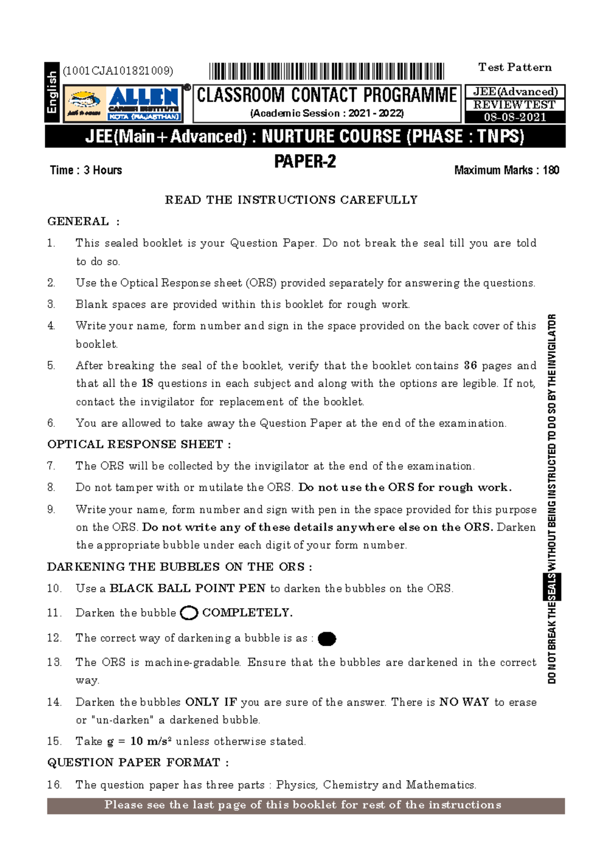 Question Report Paper-2 - READ THE INSTRUCTIONS CAREFULLY GENERAL : 1 ...