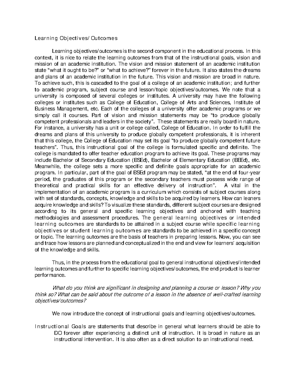 Learning Objectives - I n this context, it is nice to relate the ...