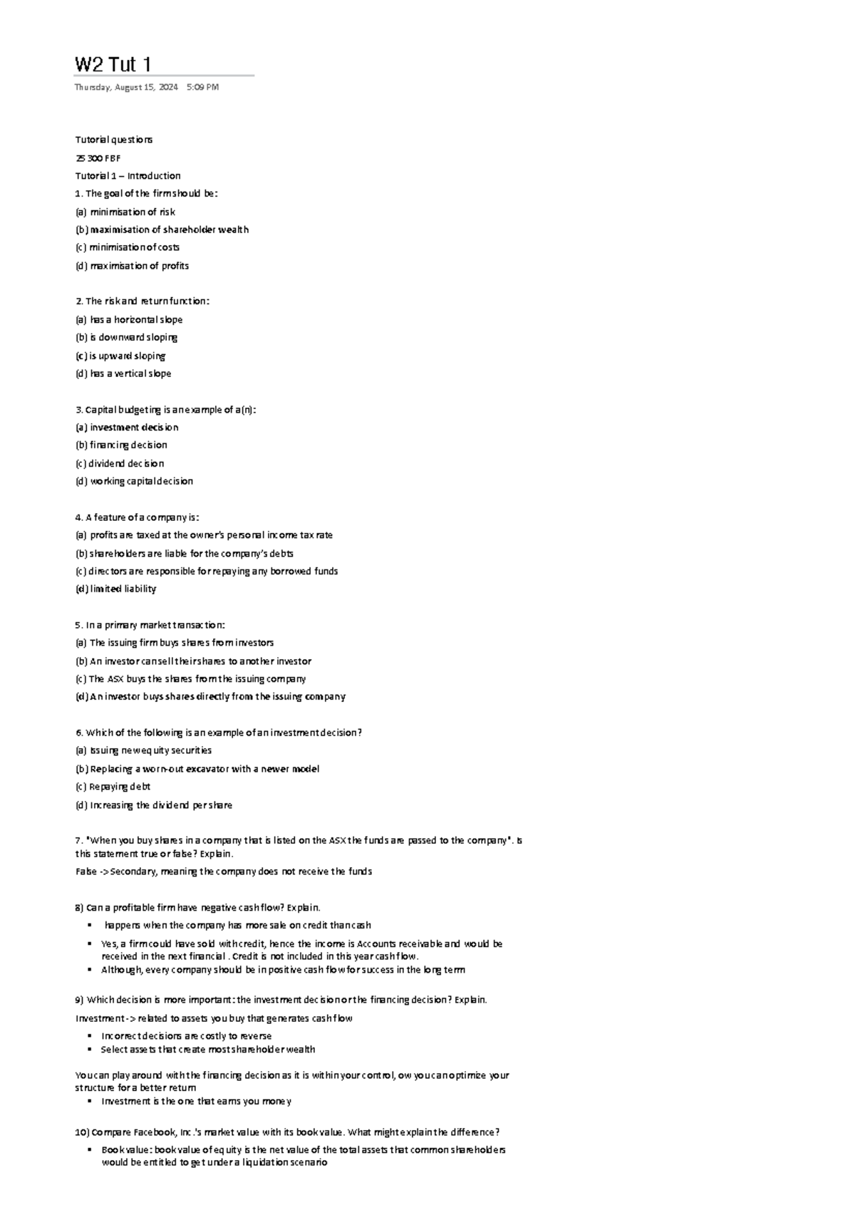 Fundamentals of Business Finance Week 2 Tutorial 1 - W2 Tut 1 Thursday, August 15, 2024 5:09 PM ...