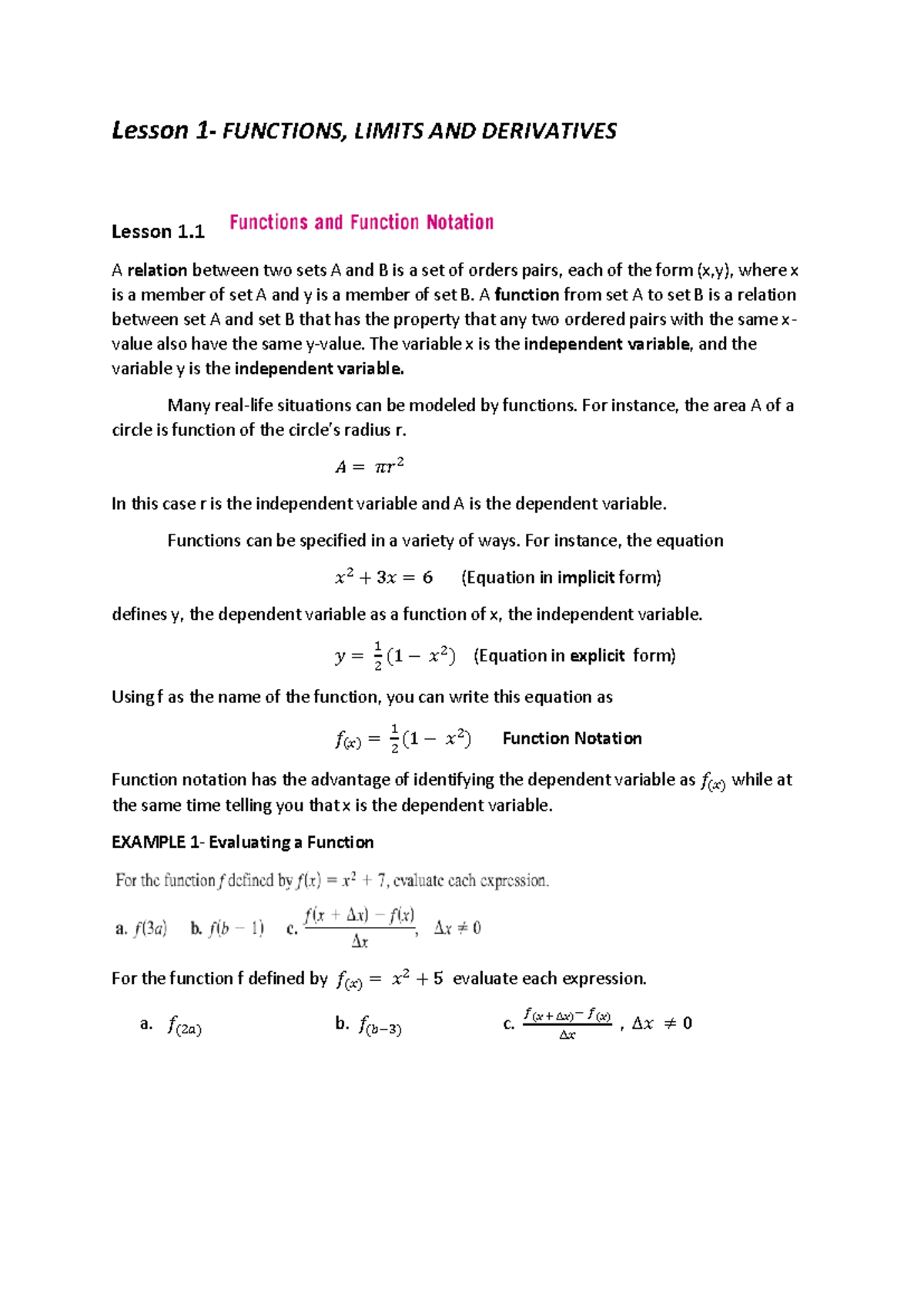 MATH 1E Lesson 1 - Gxhdhdhdgdgs - Lesson 1 - FUNCTIONS, LIMITS AND DERIVATIVES Lesson 1. A ...