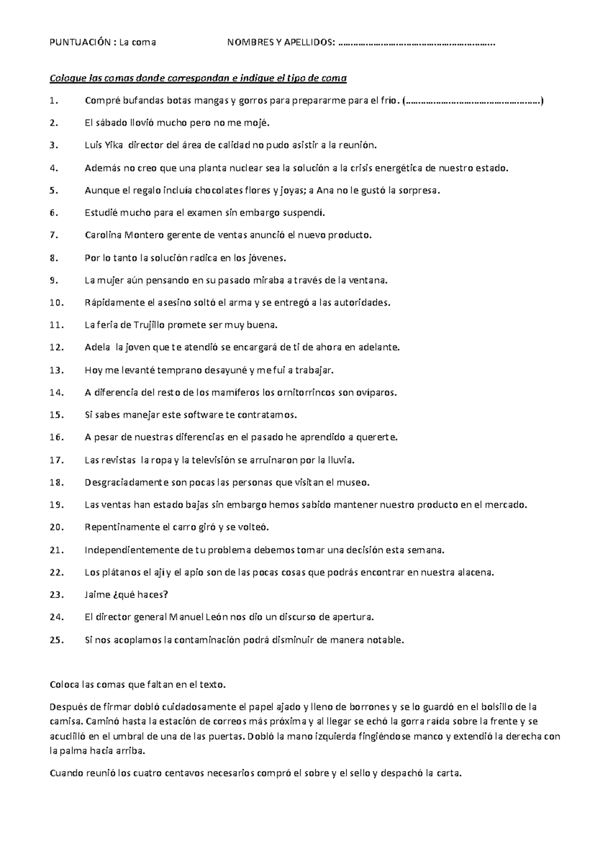 Práctica DE Comas - Con el profesor Miguelin - PUNTUACIÓN : La coma ...