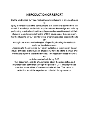 OJT (On job training) part 5 - Table of contents PREFACE INTRODUCTION ...