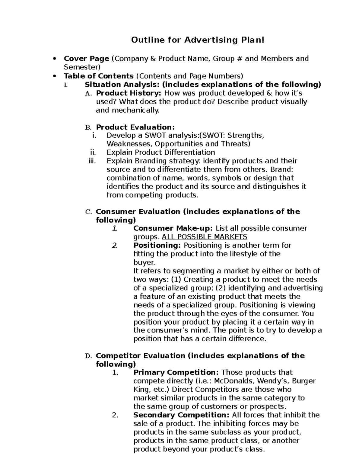 2015 advertising pitch - Outline for Advertising Plan! Cover Page ...