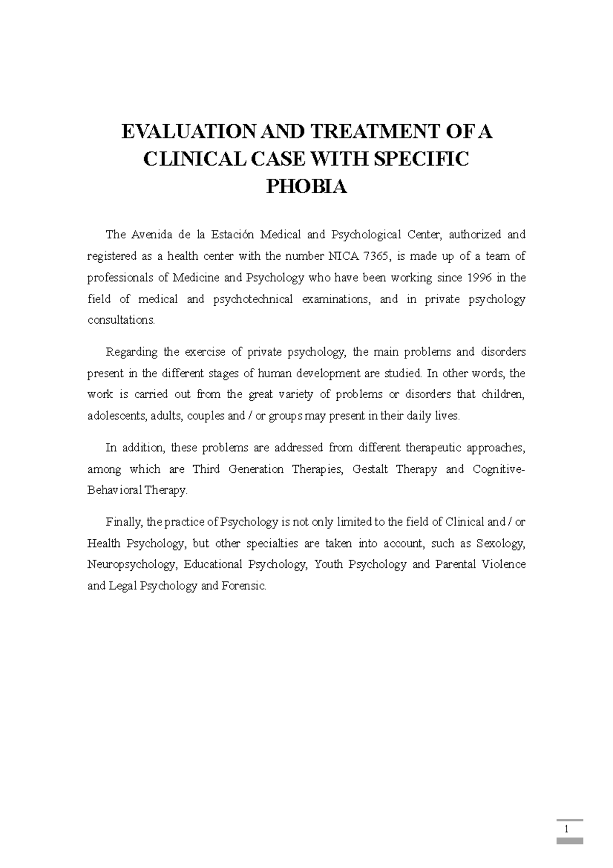 Evaluation AND Treatment OF A Clinical CASE WITH Specific Phobia - 1 ...