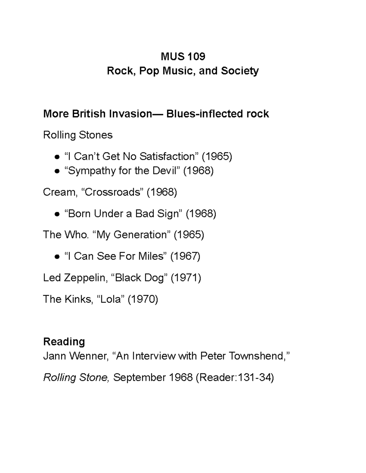 MUS 109 Week 5 Lecture Notes - MUS 109 Rock, Pop Music, and Society ...