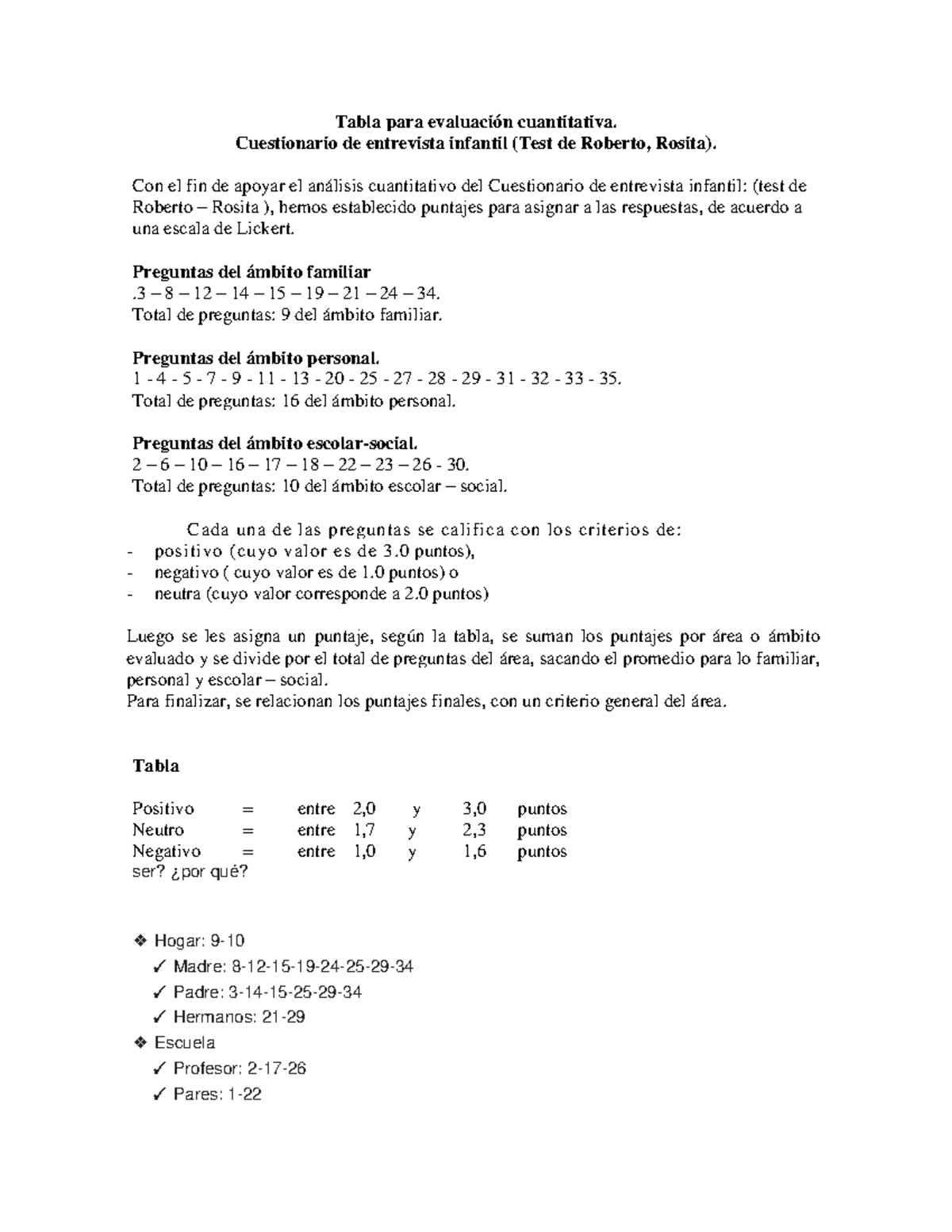 interpretacion del test Roberto y Rosita - Tabla para evaluación ...