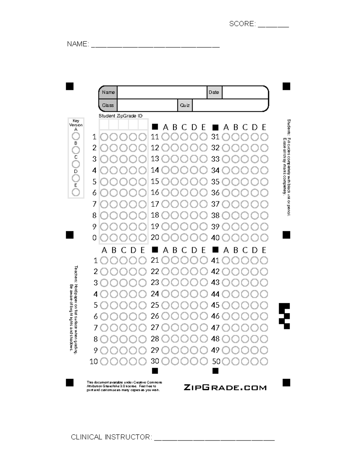 Zipgrade FOR 50 Items - None - Name Class Date Quiz Students: Fill ...