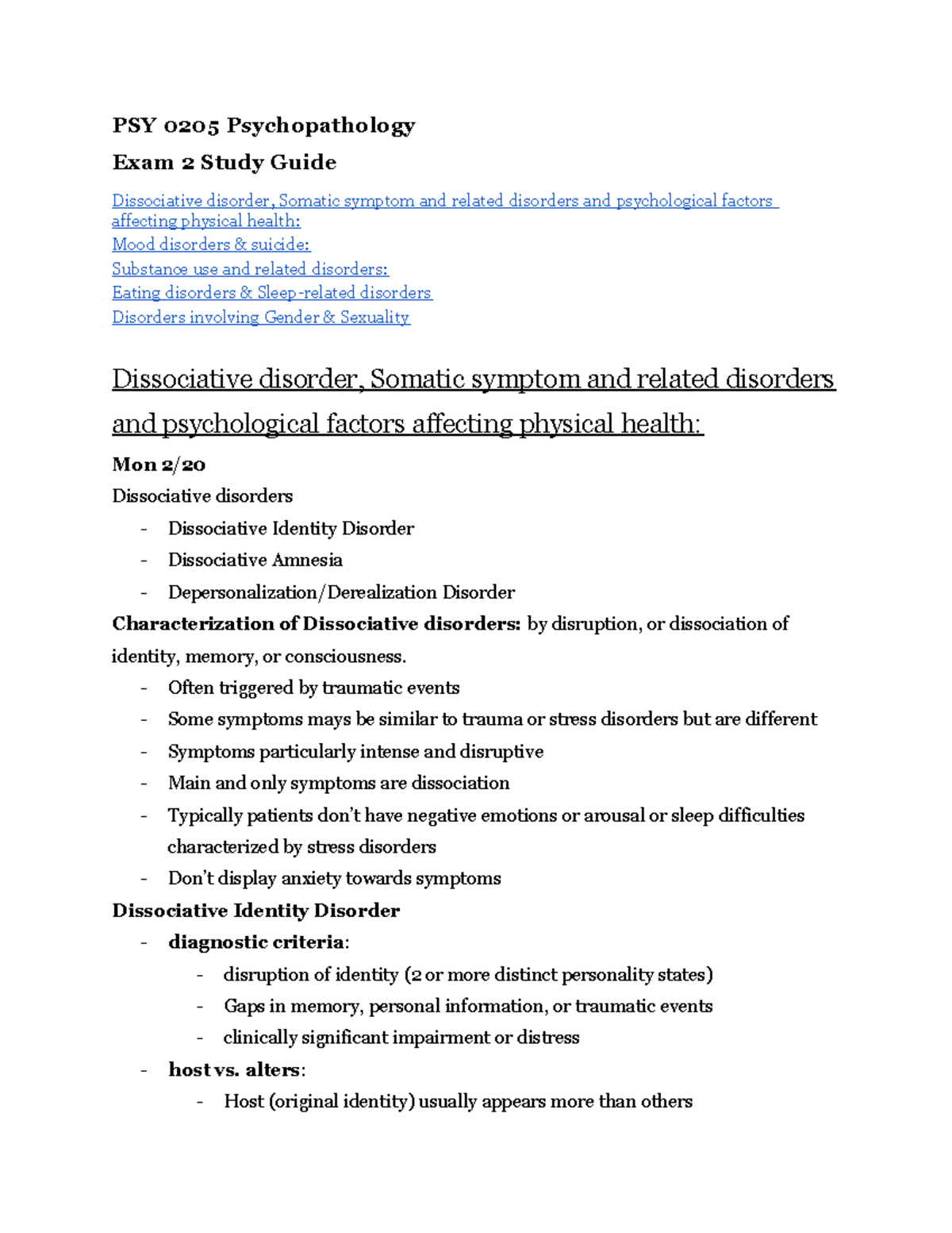 PSY 0205 Exam 2 Study Guide - PSY 0205 Psychopathology Exam 2 Study ...