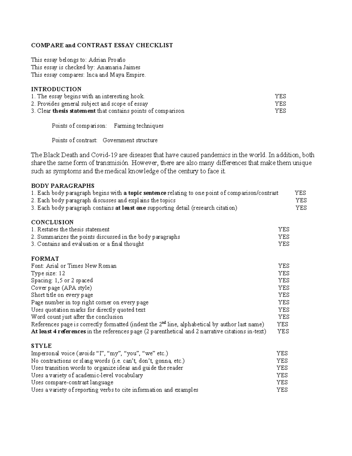 Adrian Proaño Compare and Contrast Essay Checklist - COMPARE and ...