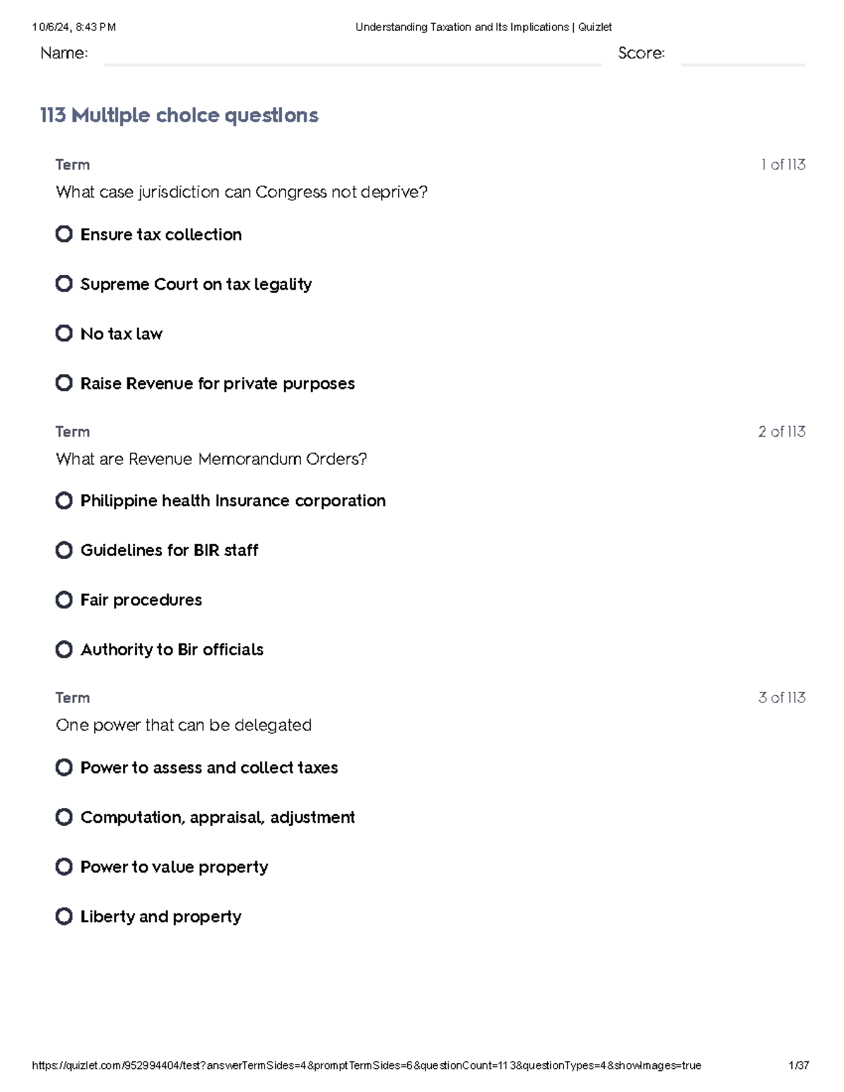 Understanding Taxation and Its Implications Quizlet - Name: Score: 113 ...