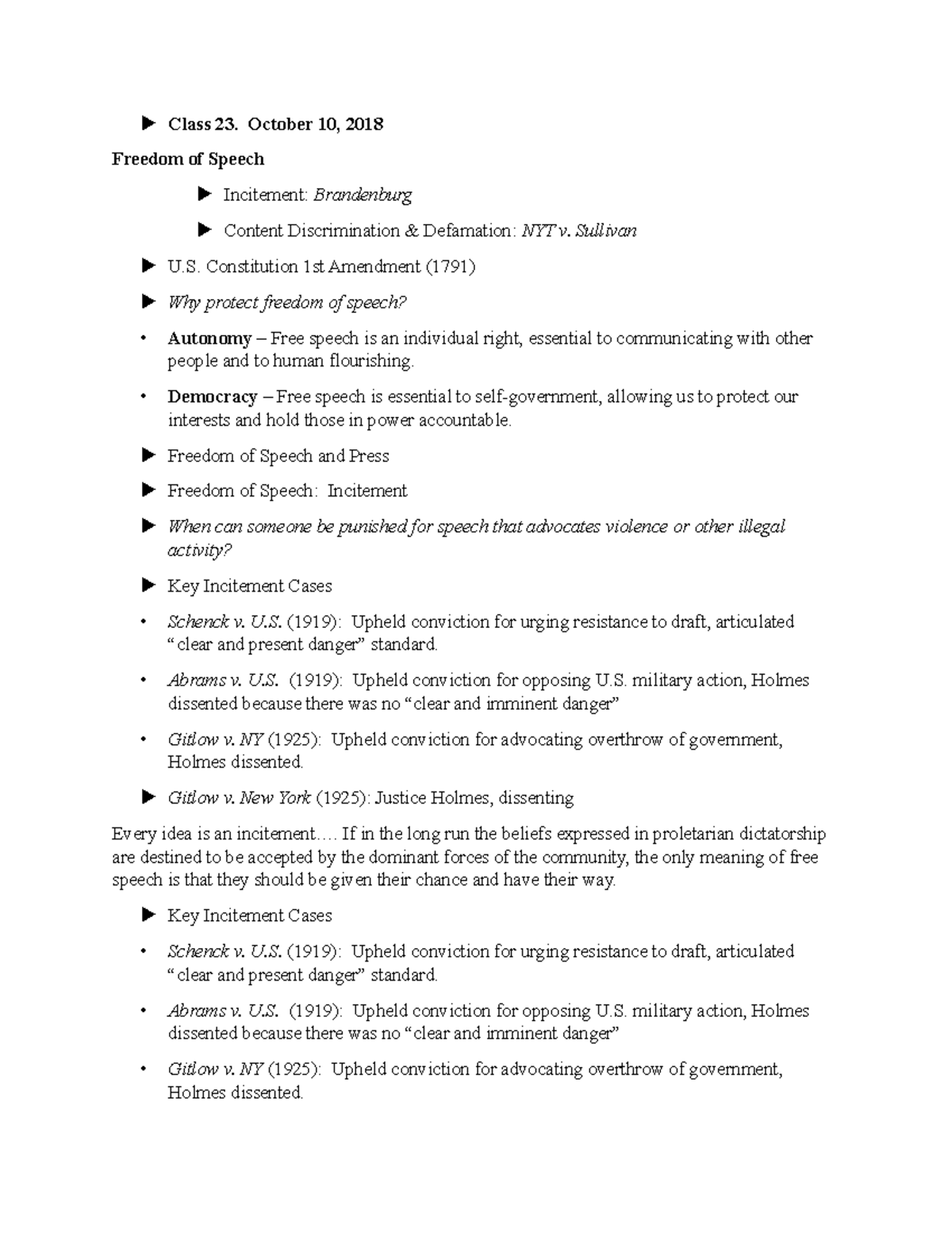Freedom of Speech (Outline) - Class 23. October 10, 2018 Freedom of ...