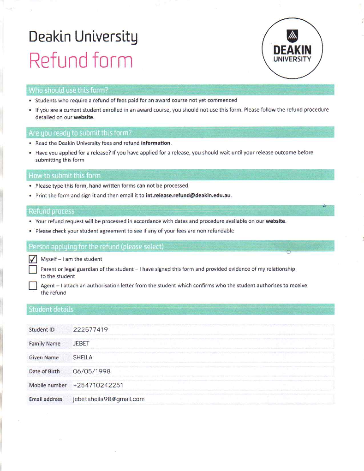 Daekin University Refund form - Varieties of English. - Studocu