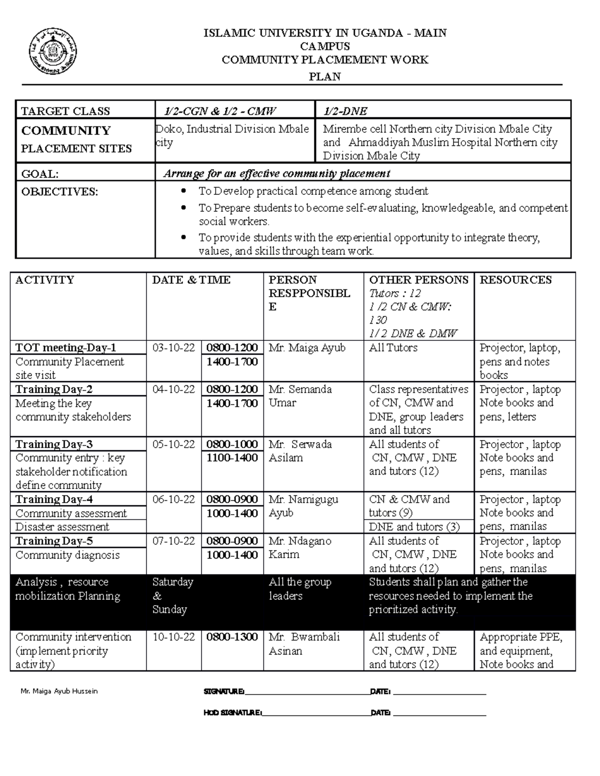 WORK PLAN - GOOD - ISLAMIC UNIVERSITY IN UGANDA - MAIN CAMPUS COMMUNITY ...