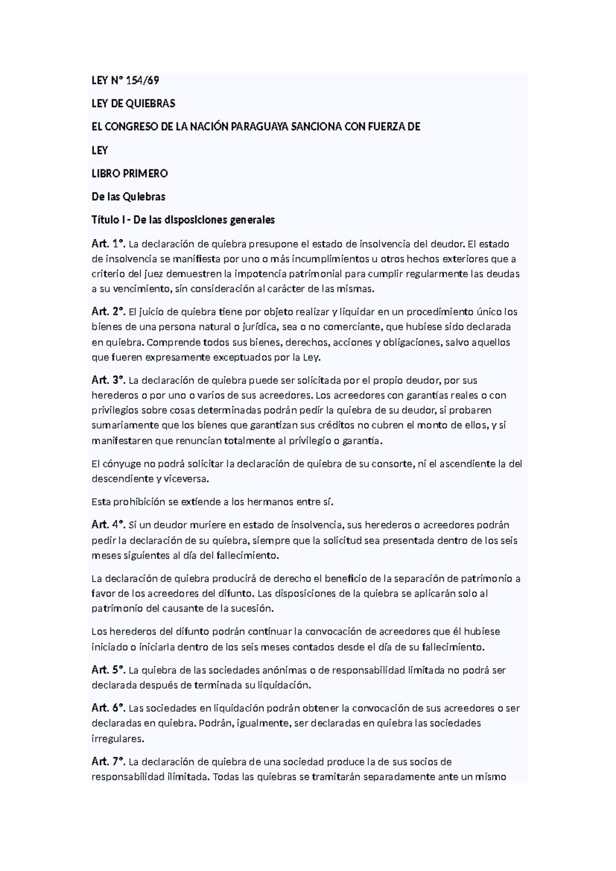 LEY Nº 154-69 de quiebras - LEY Nº 154/ LEY DE QUIEBRAS EL CONGRESO DE ...