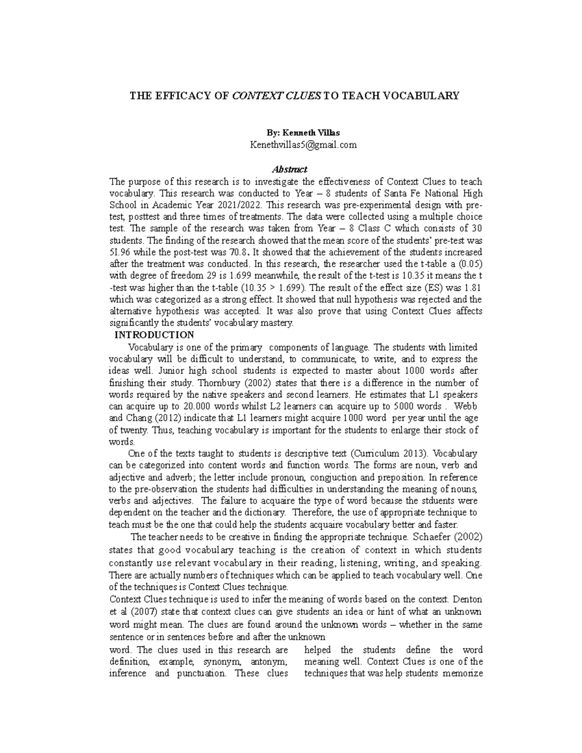 Kenneth Research Paper 2 - THE EFFICACY OF CONTEXT CLUES TO TEACH ...