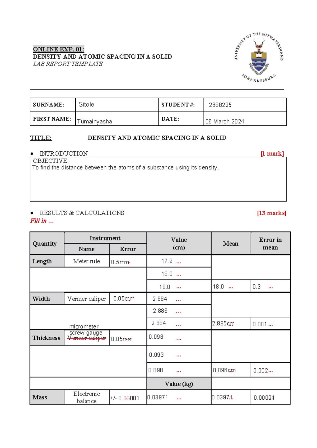 EXP01 Atomic Spacing Lab Report - ONLINE EXP. 01: DENSITY AND ATOMIC ...