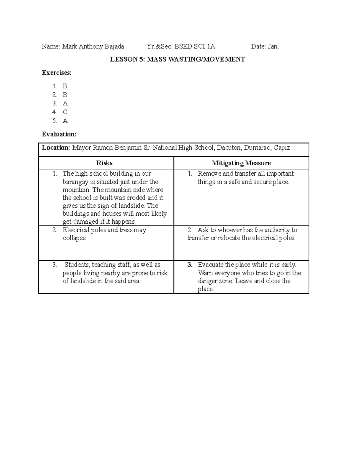 Lesson 5 Mass Wasting Movement - Name: Mark Anthony Bajada Yr.&Sec ...