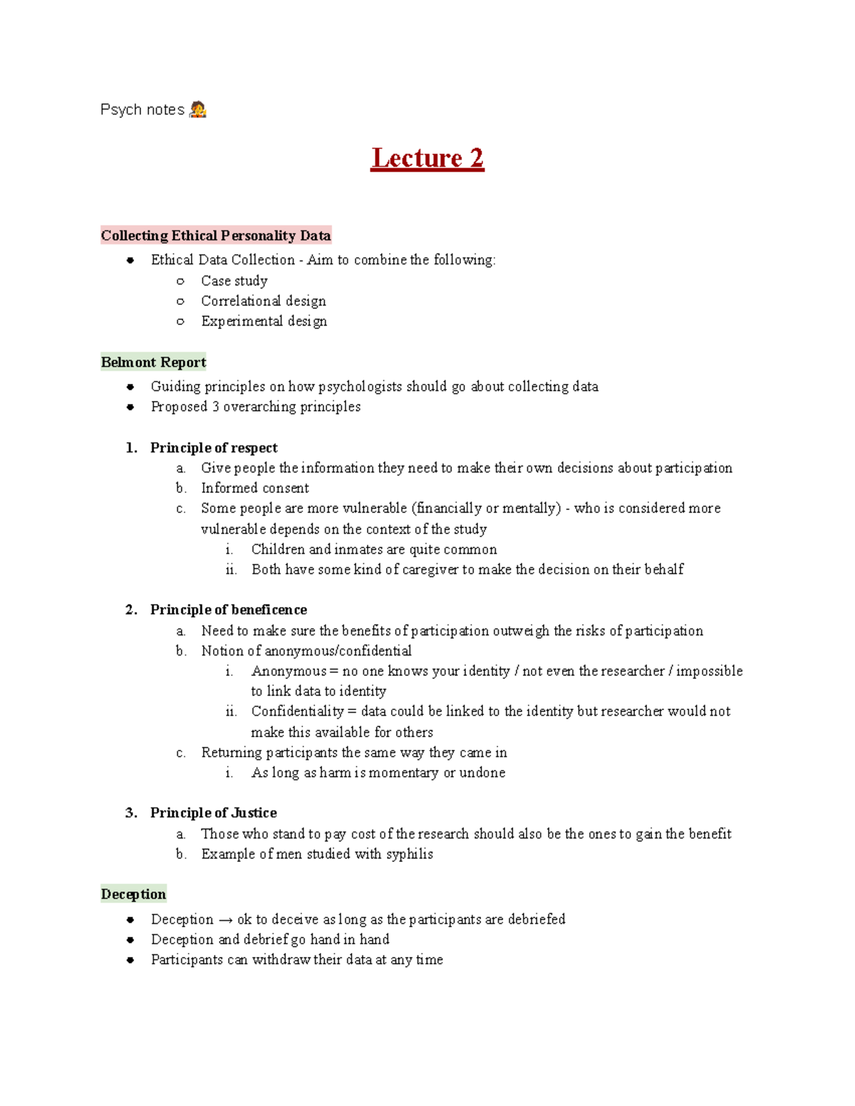 Personality Notes Psyc2130 N Psych Notes Ï Lecture 2 Collecting Ethical Personality Data