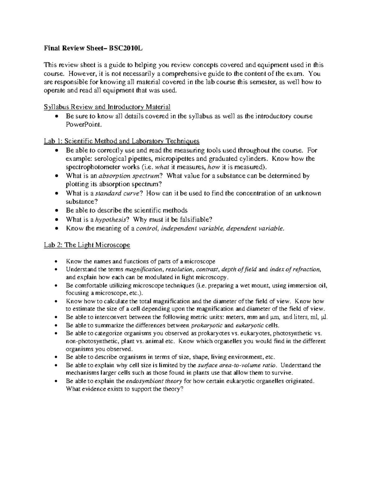 Final+Review+Sheet FA18 - Final Review Sheet– BSC2010L This review ...