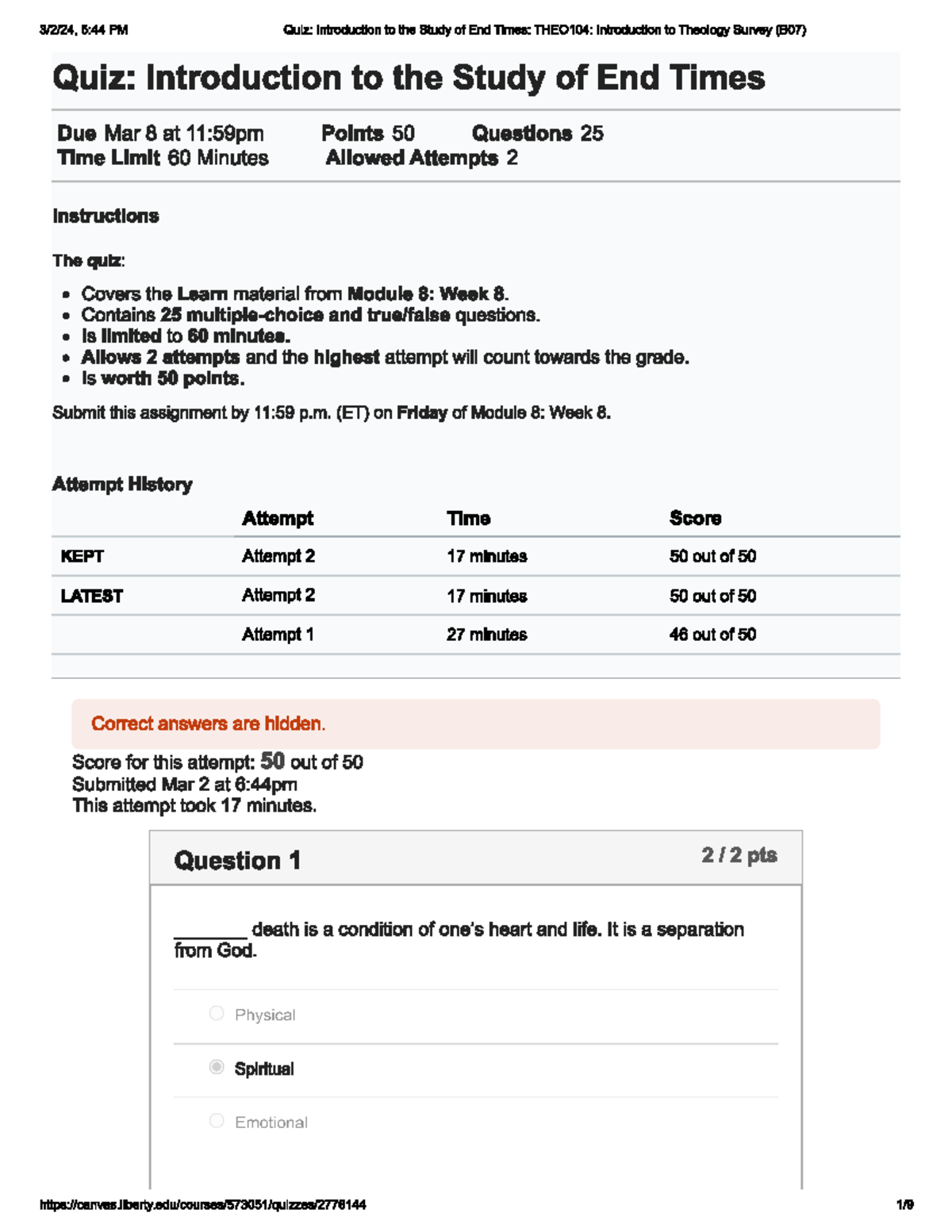 Quiz 8 Introduction to the Study of End Times 50 out of 50 - THEO 104 ...