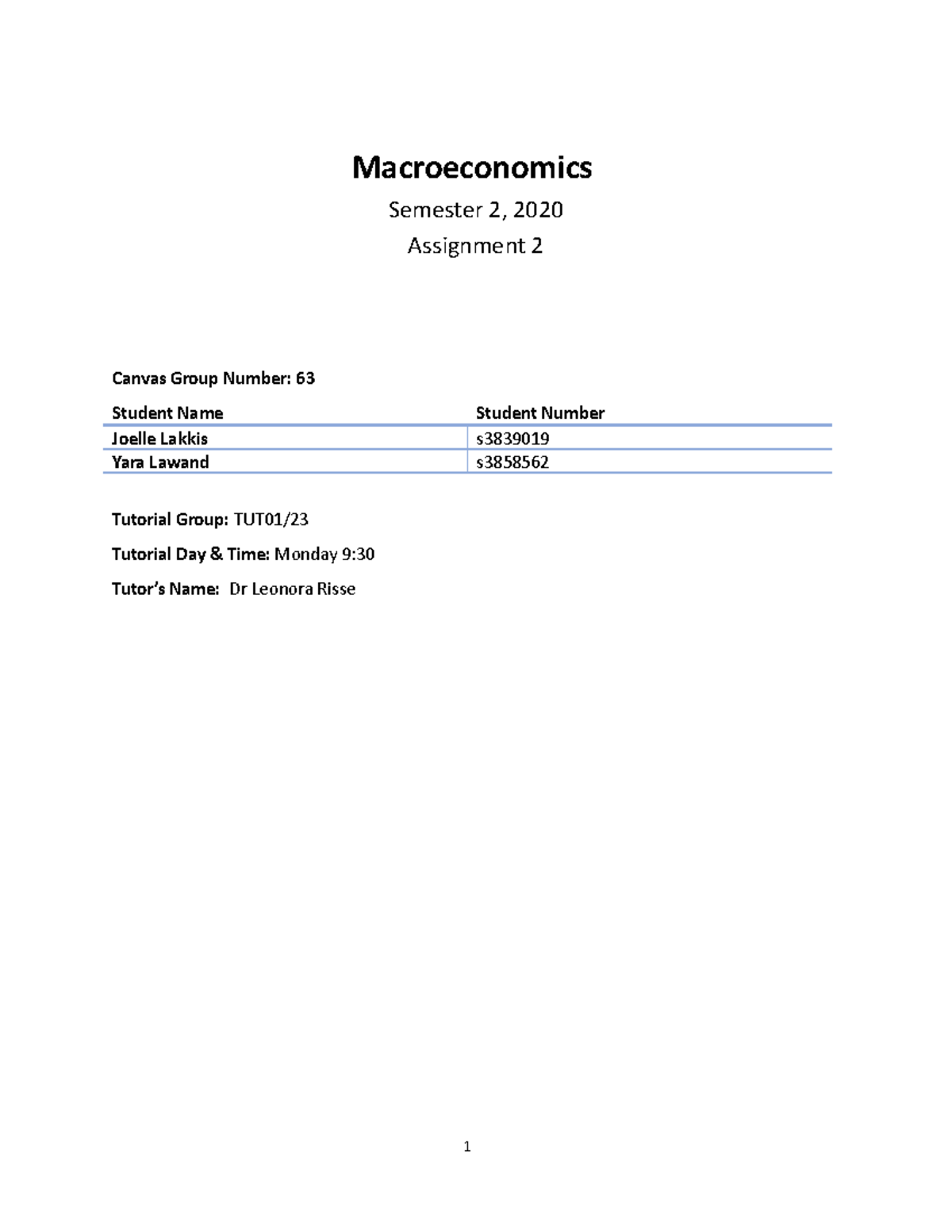 Assignment 2 63 Lakkis Lawand - Macroeconomics Semester 2, 2020 Assignment 2 Canvas Group Number ...