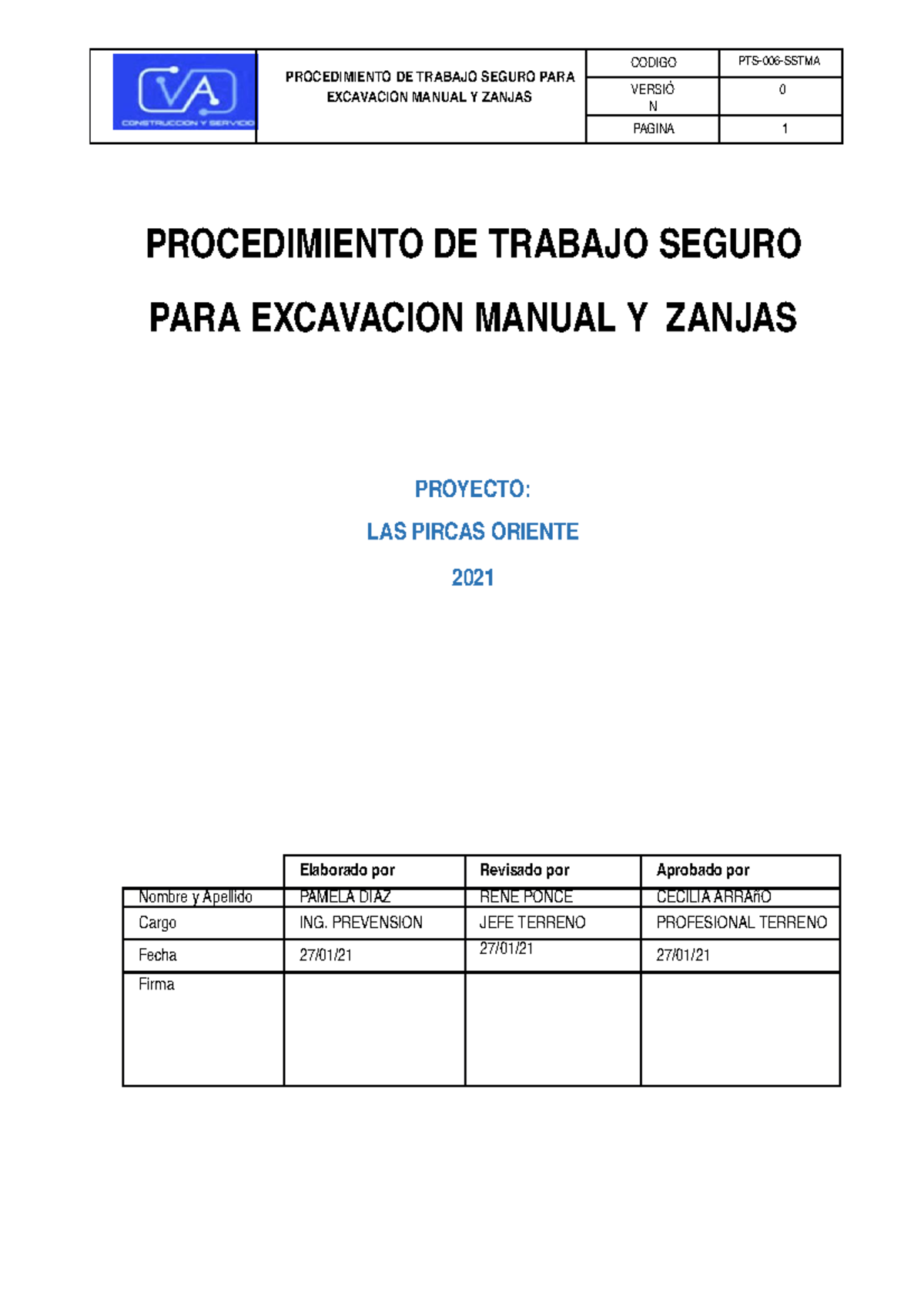 Procedimiento excavacion - PROCEDIMIENTO DE TRABAJO SEGURO PARA ...