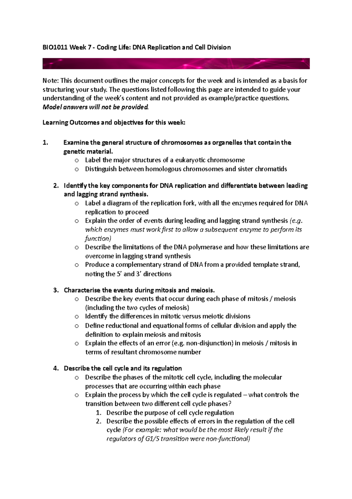 Week 7 Study Guide Final - BIO1011 Week 7 - Coding Life: DNA ...