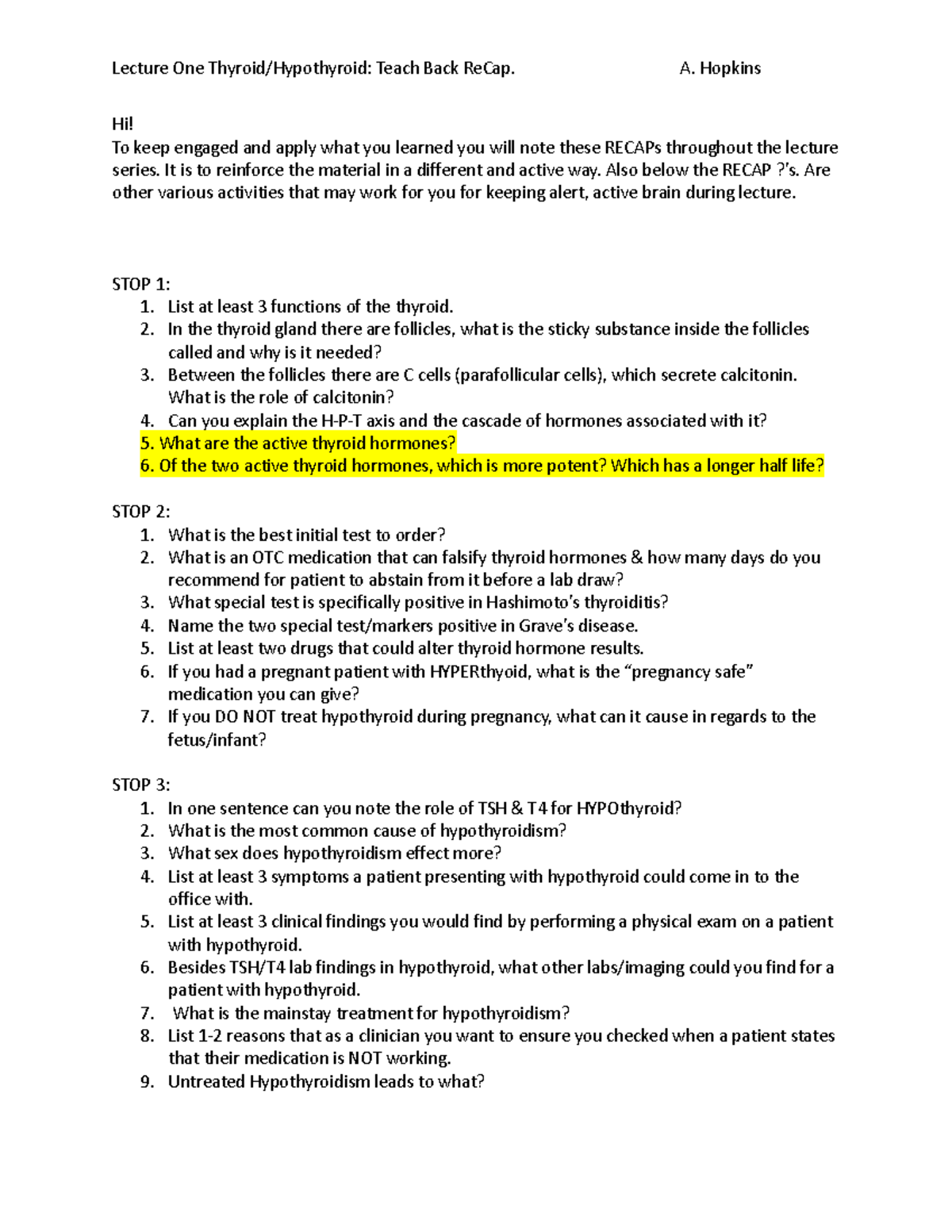 Lecture One Teach Back Re Cap students - Lecture One Thyroid ...