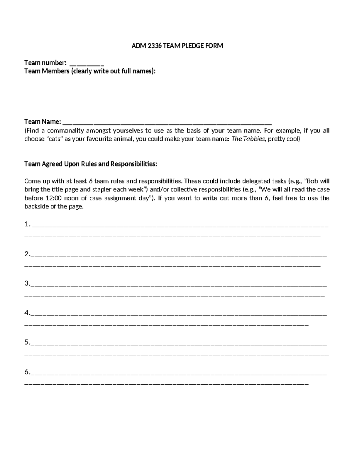 ADM 2336 Team Pledge Form - ADM 2336 TEAM PLEDGE FORM Team number ...
