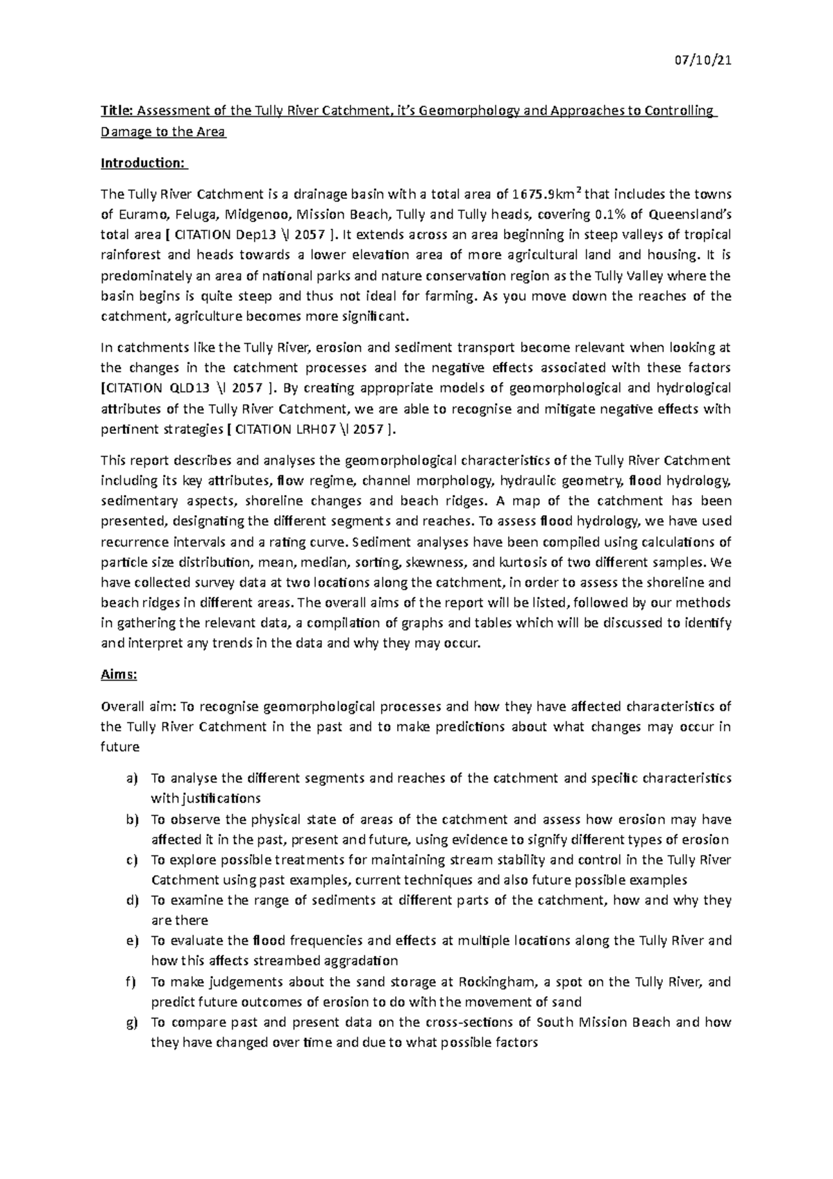 Field Report EV3401 - Title: Assessment of the Tully River Catchment ...