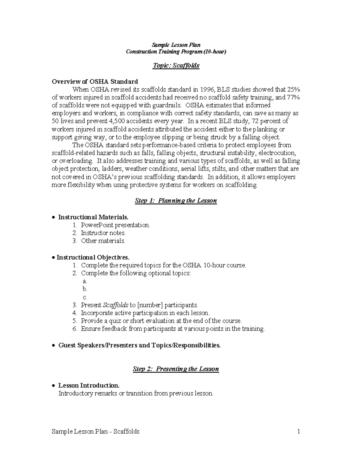 Scaffolds , lesson plan - Sample Lesson Plan Construction Training ...