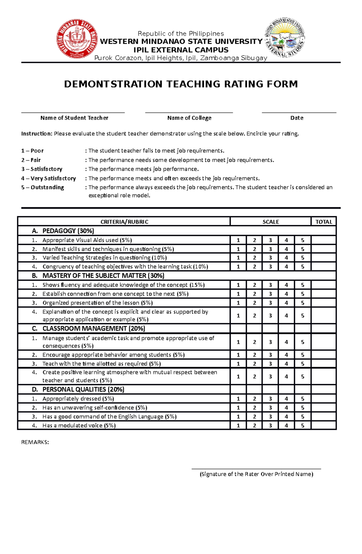 DEMO Teaching Rating FORM - Republic of the Philippines WESTERN ...