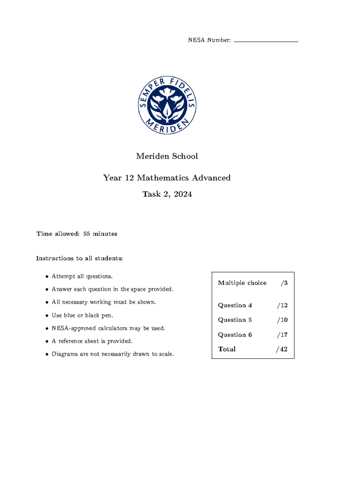 2024 Year 12 Task 2 ADV - past paper - NESA Number: Meriden School Year ...