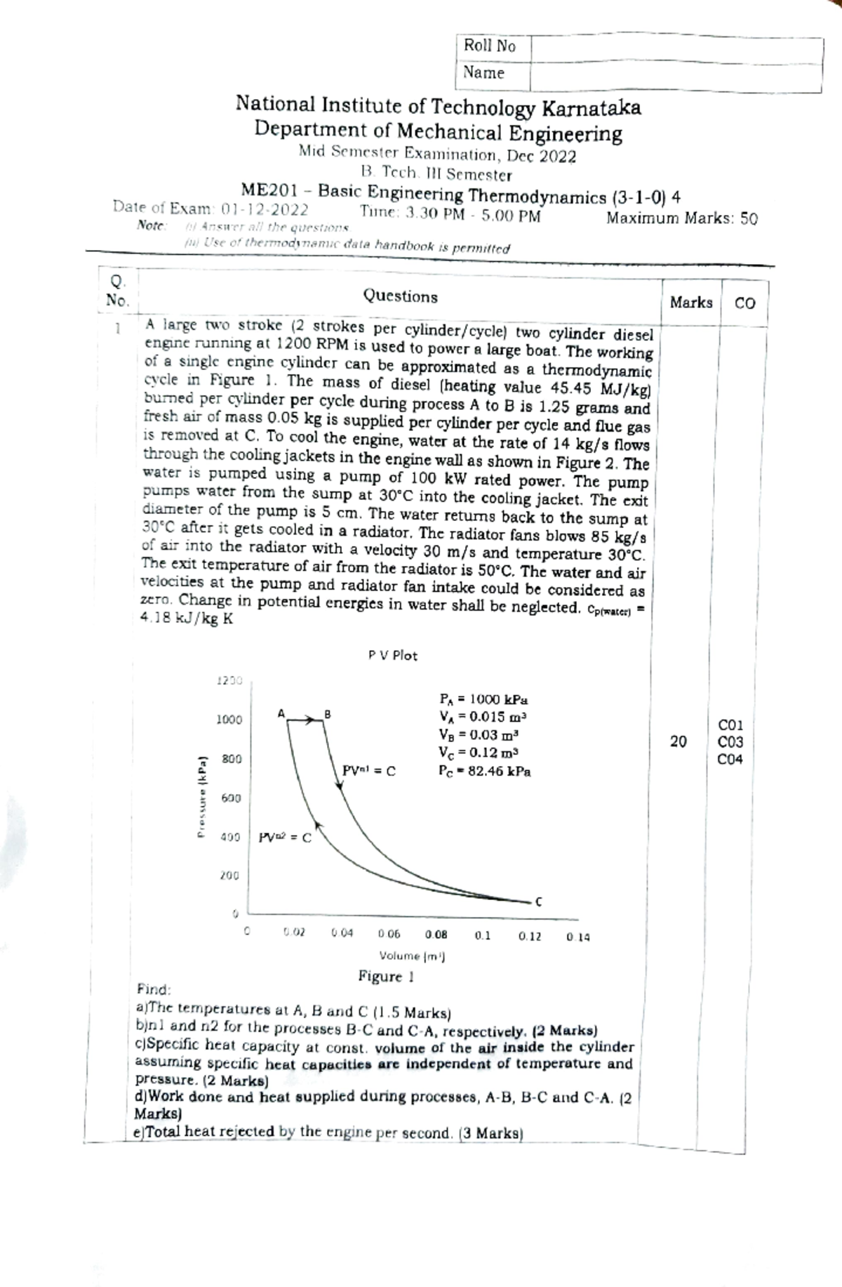 PYQ-Midsem-2022-ME201 -Thermo - Roll No Name National Institute of Technology Karnataka ...