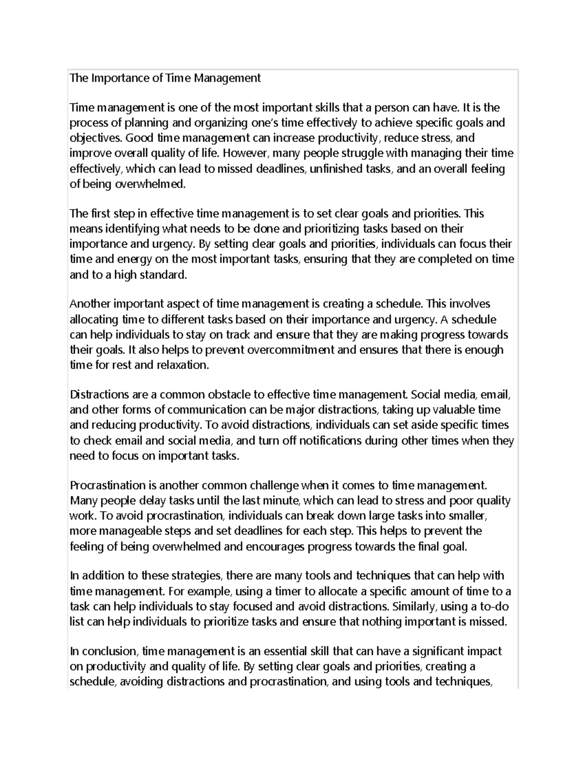 Doc2 - In class assignment/notes - The Importance of Time Management ...