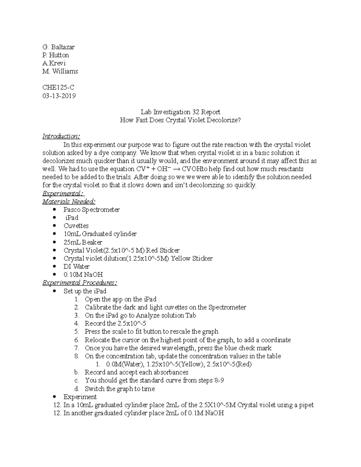 CHE125 Lab Investigation 32 Report - G. Baltazar P. Hutton A M ...