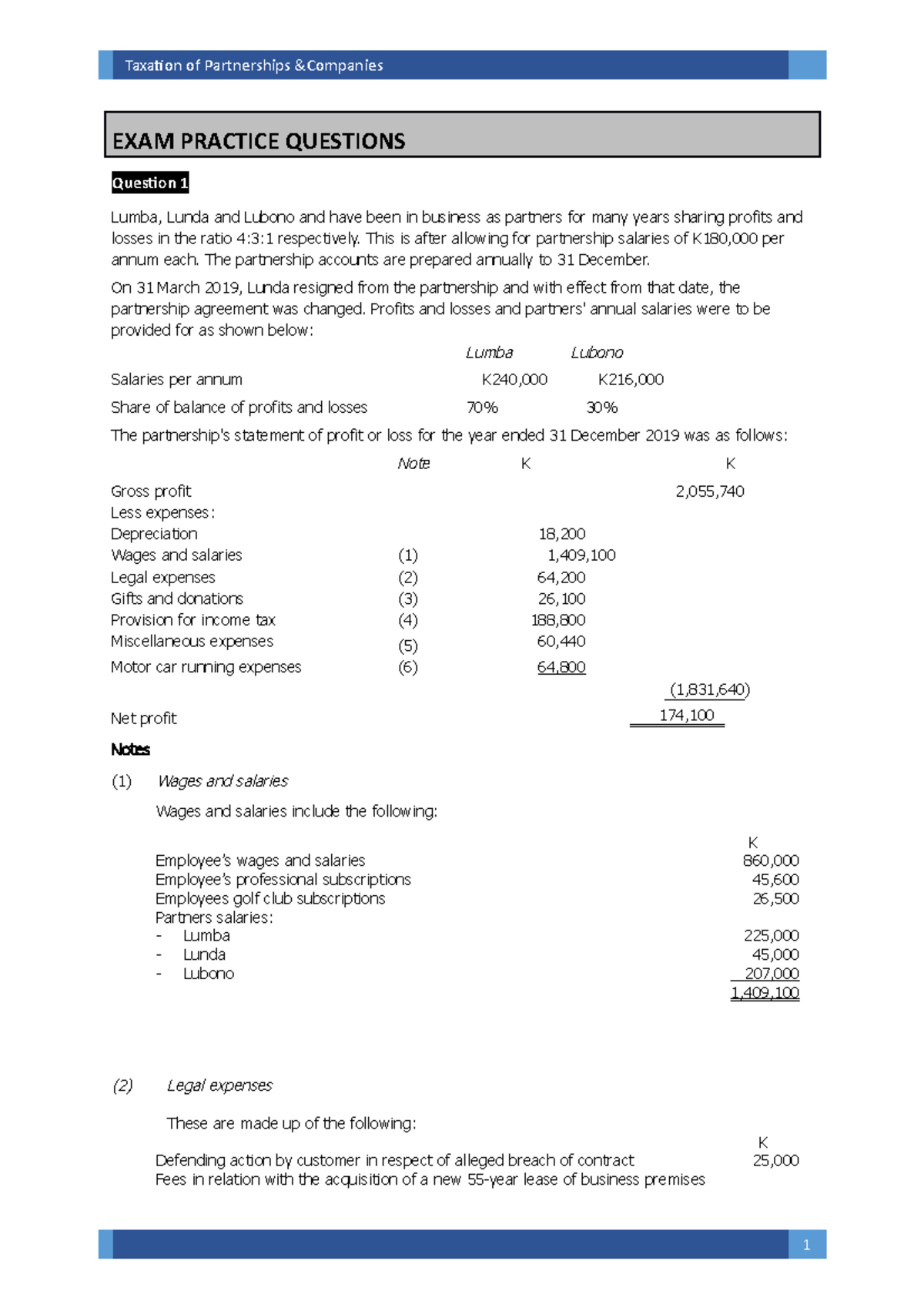 Partnerships Example - EXAM PRACTICE QUESTIONS Question 1 Lumba, Lunda ...