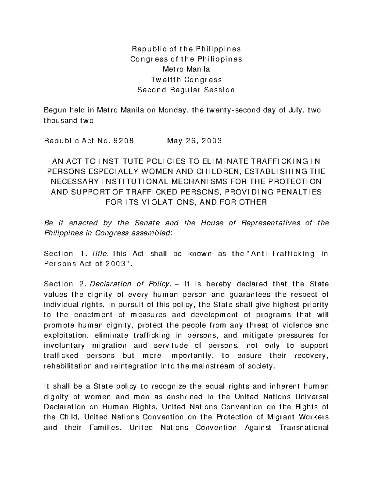 6 RA 9208 - law - Re p u b l i c o f t h e Ph i l i p p i n e s Co n g ...
