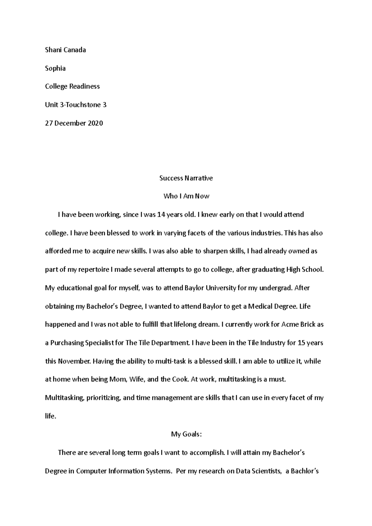 College Readiness Self Reflection Essay - Shani Canada Sophia College ...