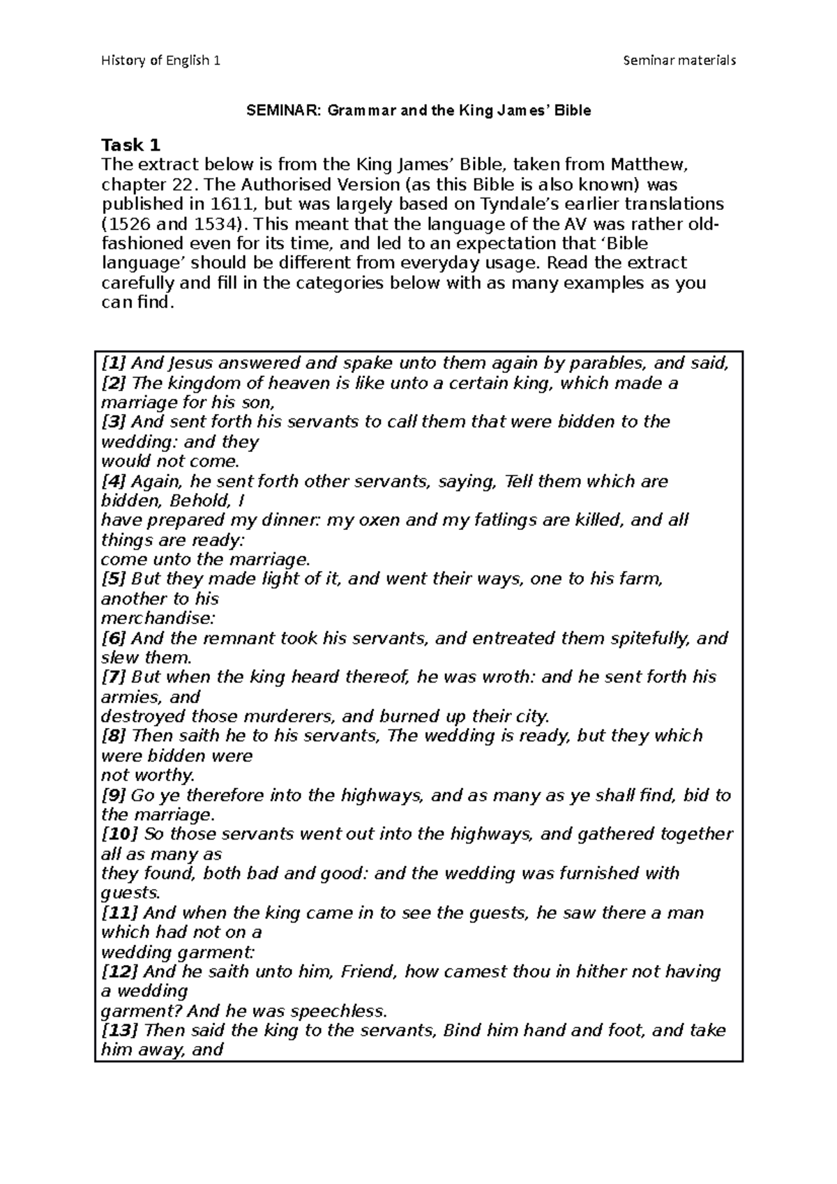 Seminar 4 EMod E grammar - SEMINAR: Grammar and the King James’ Bible ...