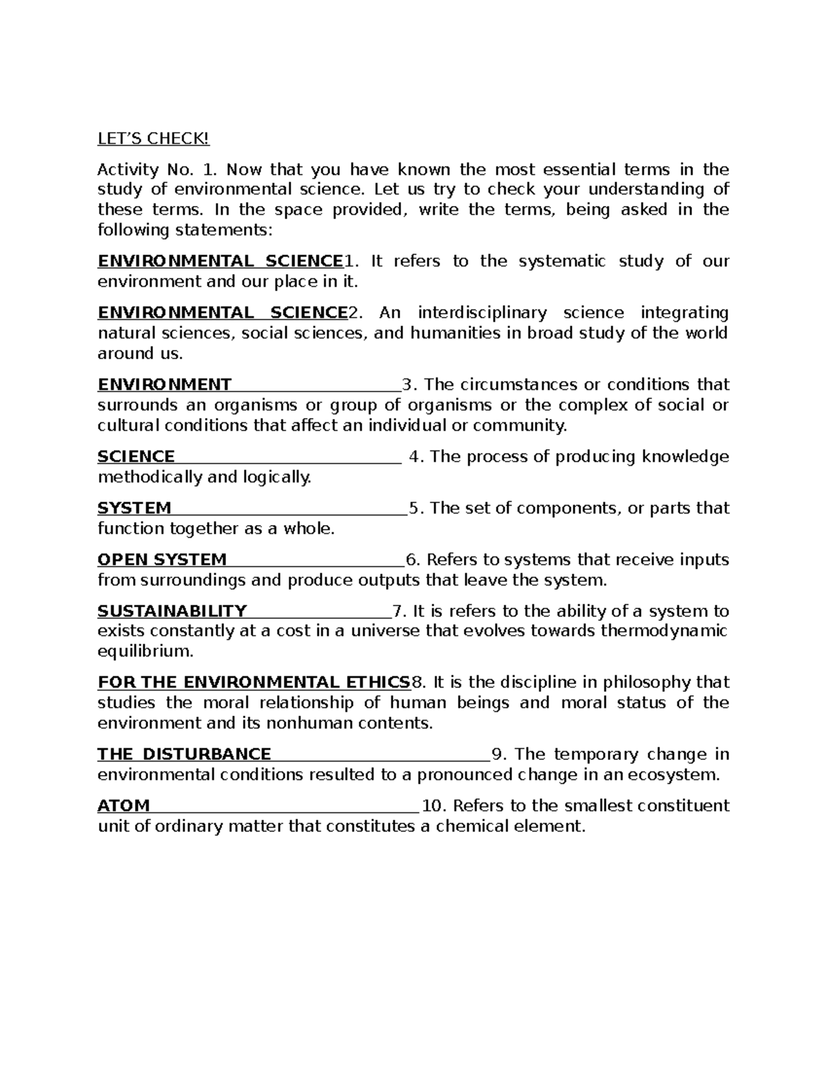 Envi science - lets Check - LET’S CHECK! Activity No. 1. Now that you ...