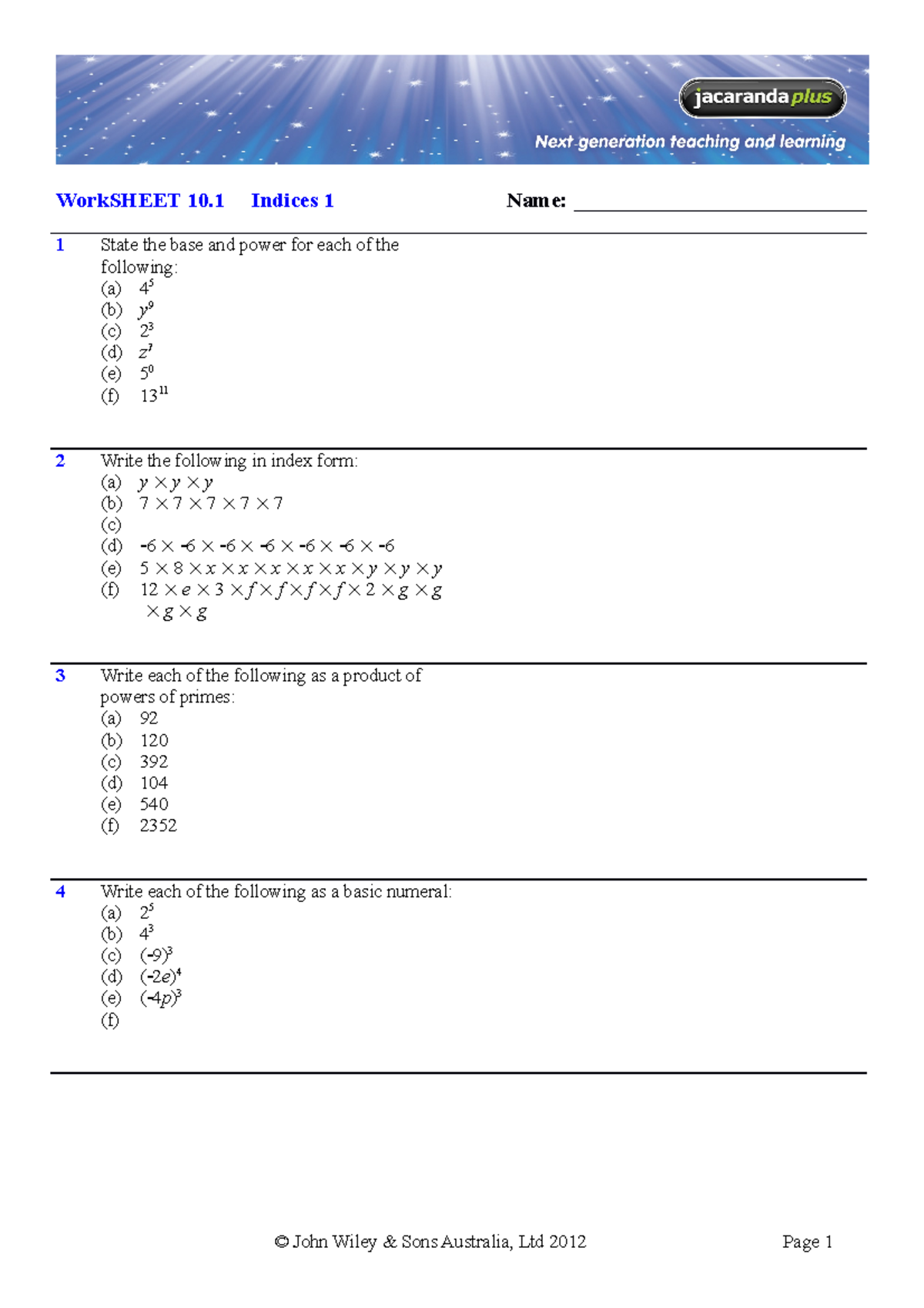 Worksheet 1 Index Laws Nijuohrtgmpfdsa Worksheet 10 Indices 1 Name