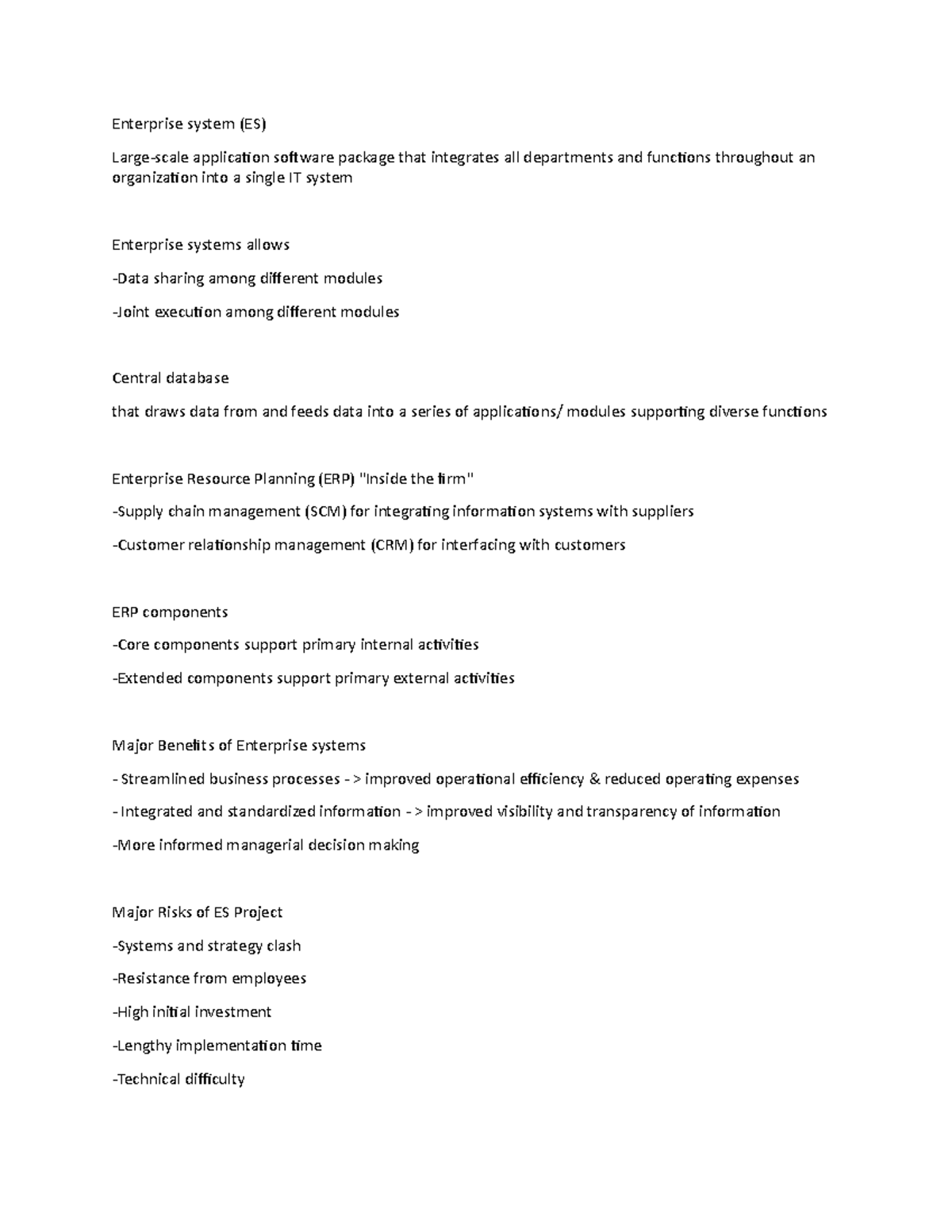 Enterprise systems lecture notes 4 - Enterprise system (ES) Large-scale ...