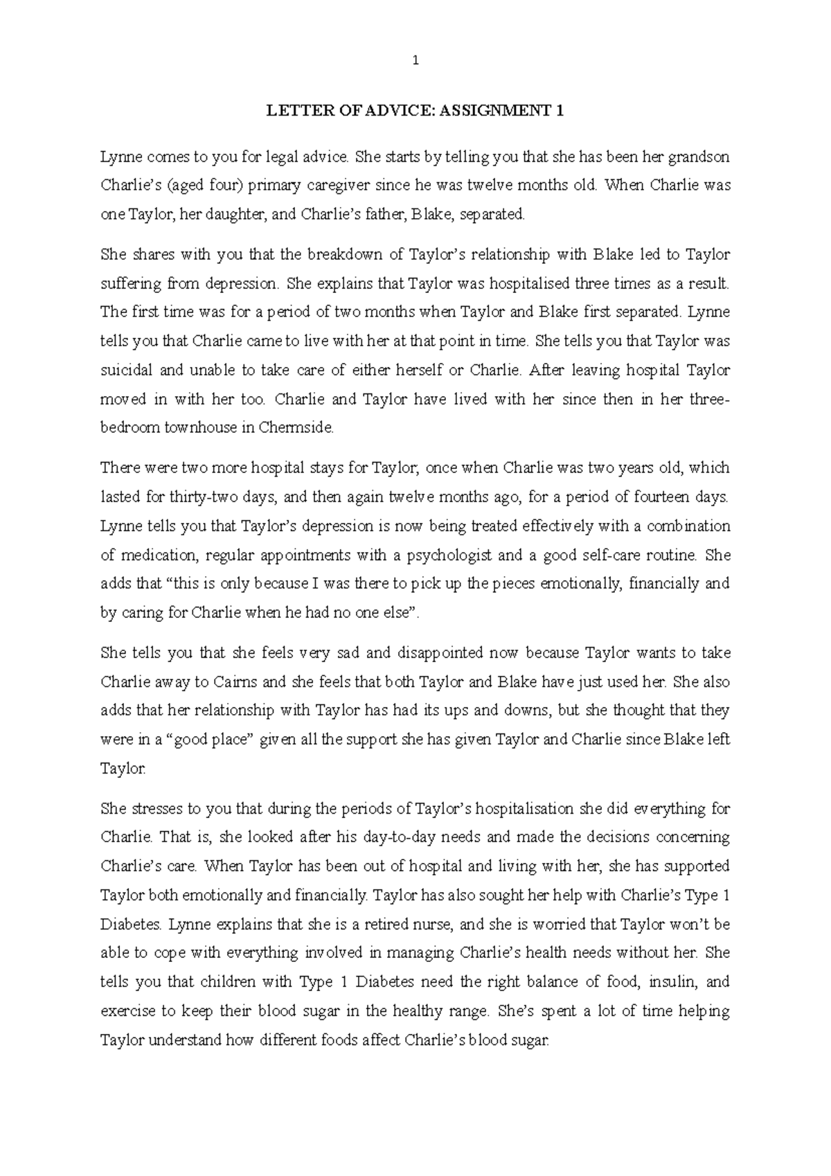 Letter of Advice Task Sheet - LETTER OF ADVICE: ASSIGNMENT 1 Lynne ...