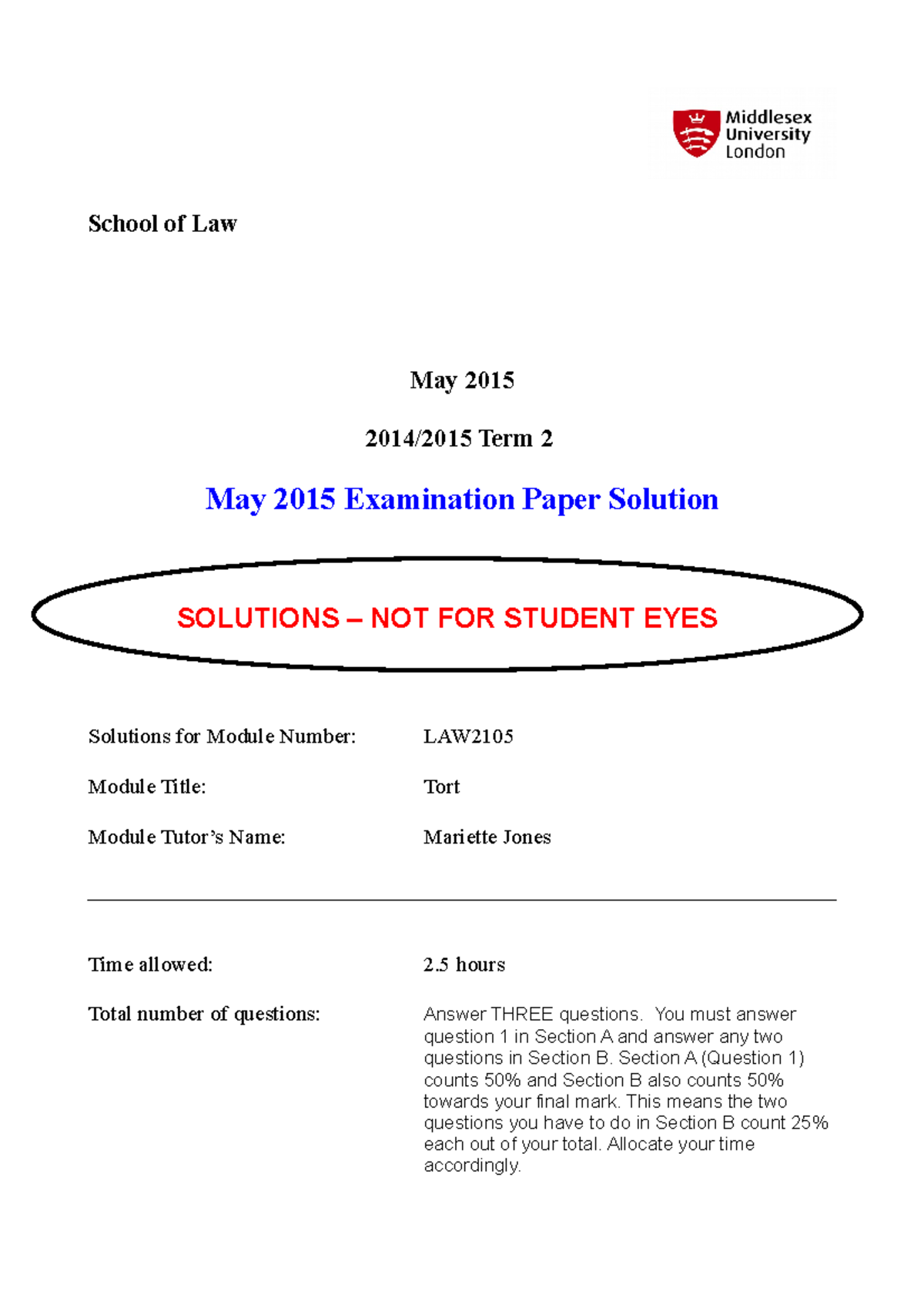 Exam 2016, questions and answers - School of Law May 2015 2014/2015 ...